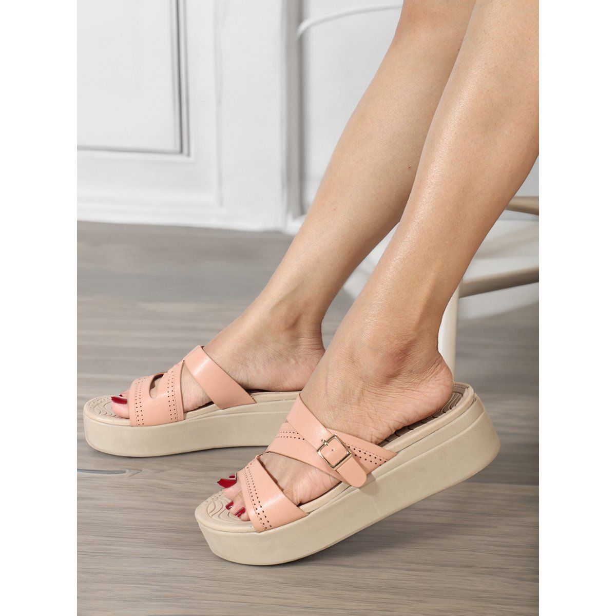 Buy Elle Peach Slip On Laser Cut Comfortable Sandal Online