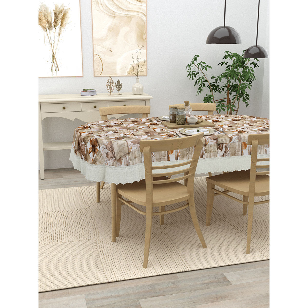 The Home Story Oval Dining Table Cover Anti Slip Brown Flowers & Checks ...