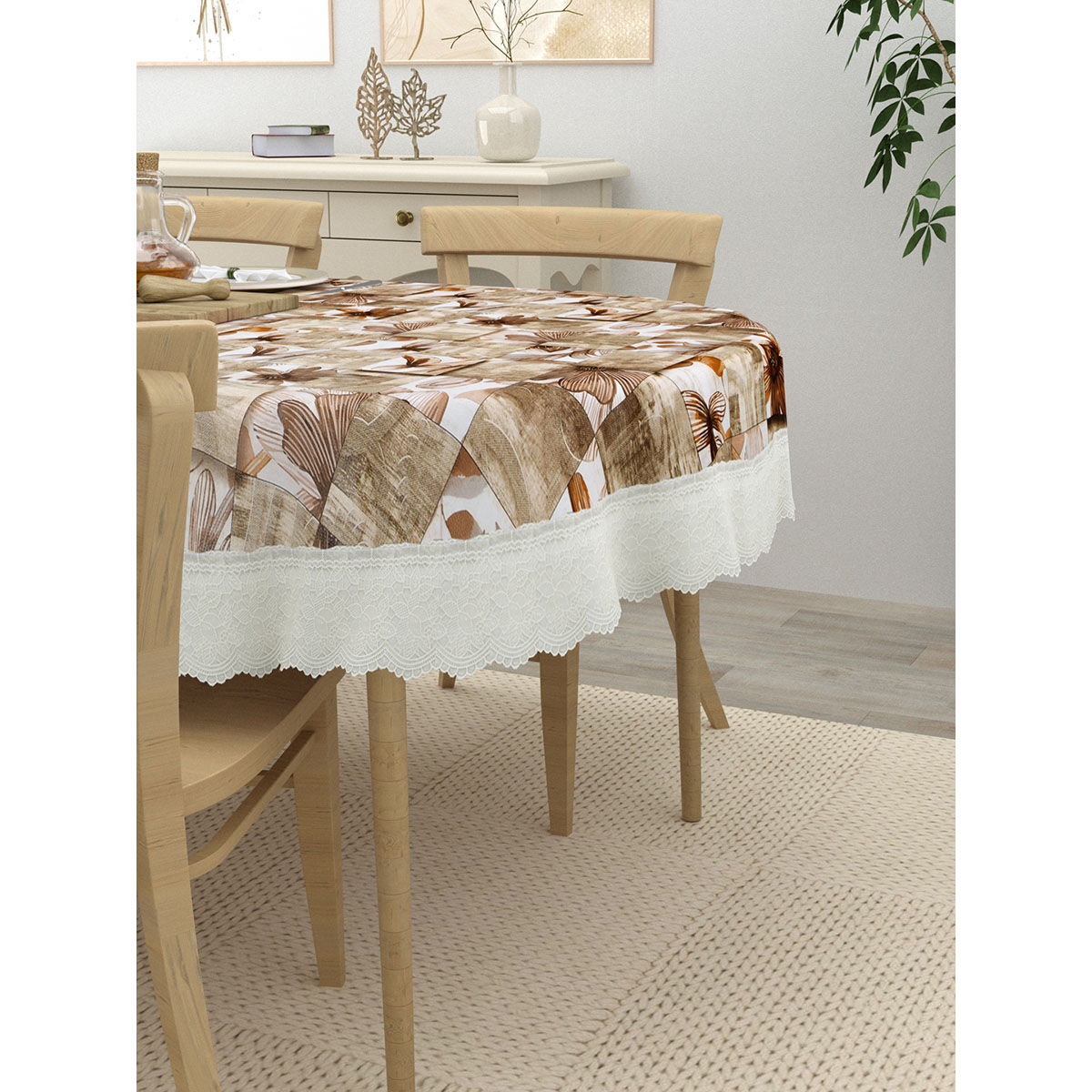 The Home Story Oval Dining Table Cover Anti Slip Brown Flowers & Checks ...