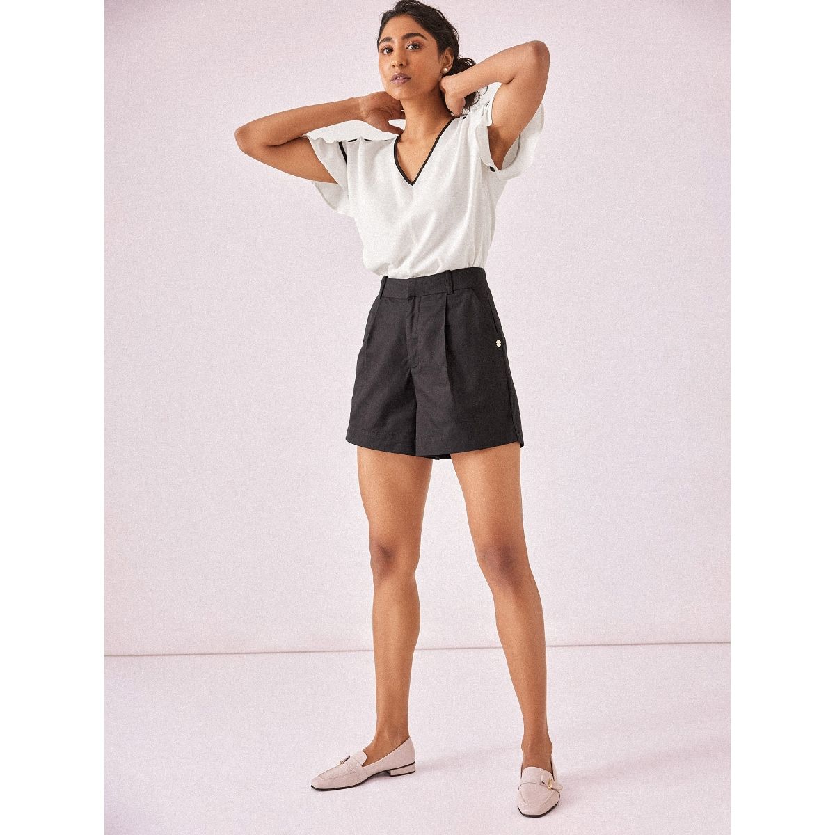 Buy The Label Life Black Cotton Pleated Shorts Online