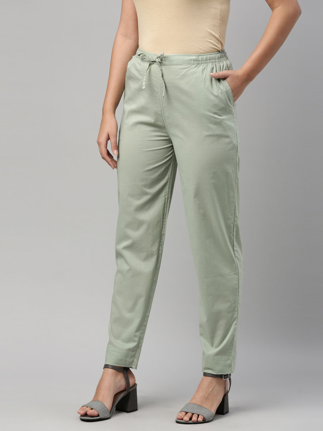 Buy Go Colors Women Dusty Solid Mid Rise Cotton Pants - Green Online