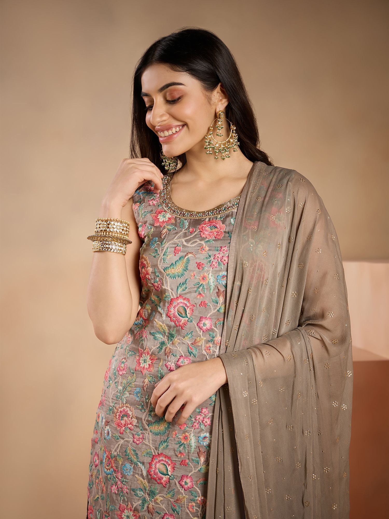 Buy Gajra Gang Sage Green floral embroidered Kurta Sharara Dupatta ...