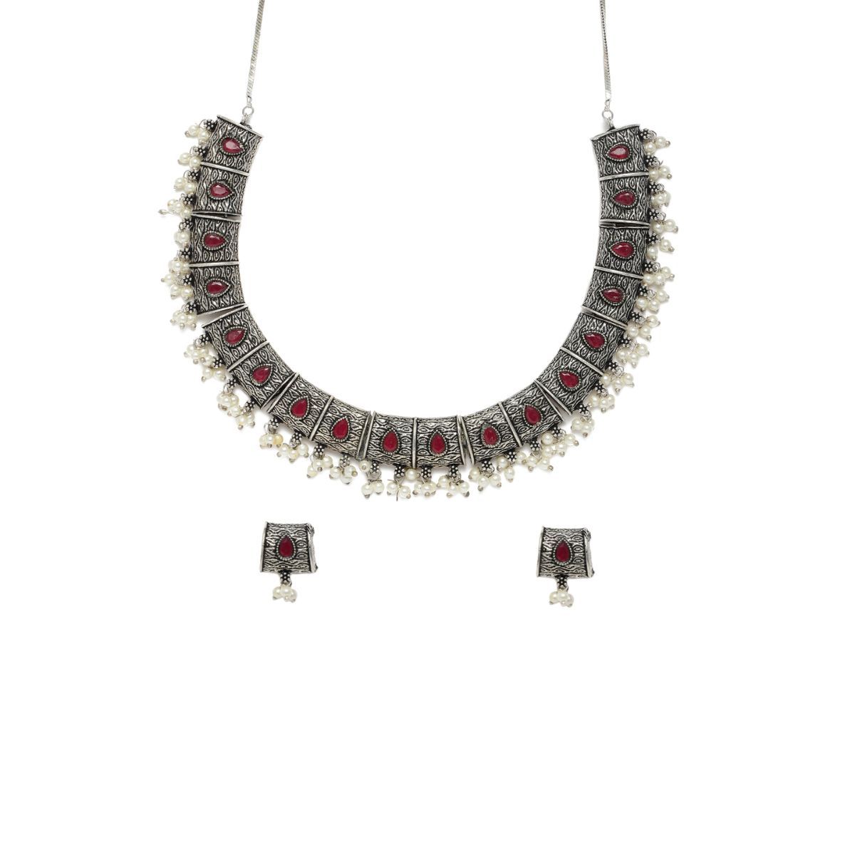 LAIDA Silver Oxidized Handcrafted Pink Classic Hasli Style Necklace Set ...