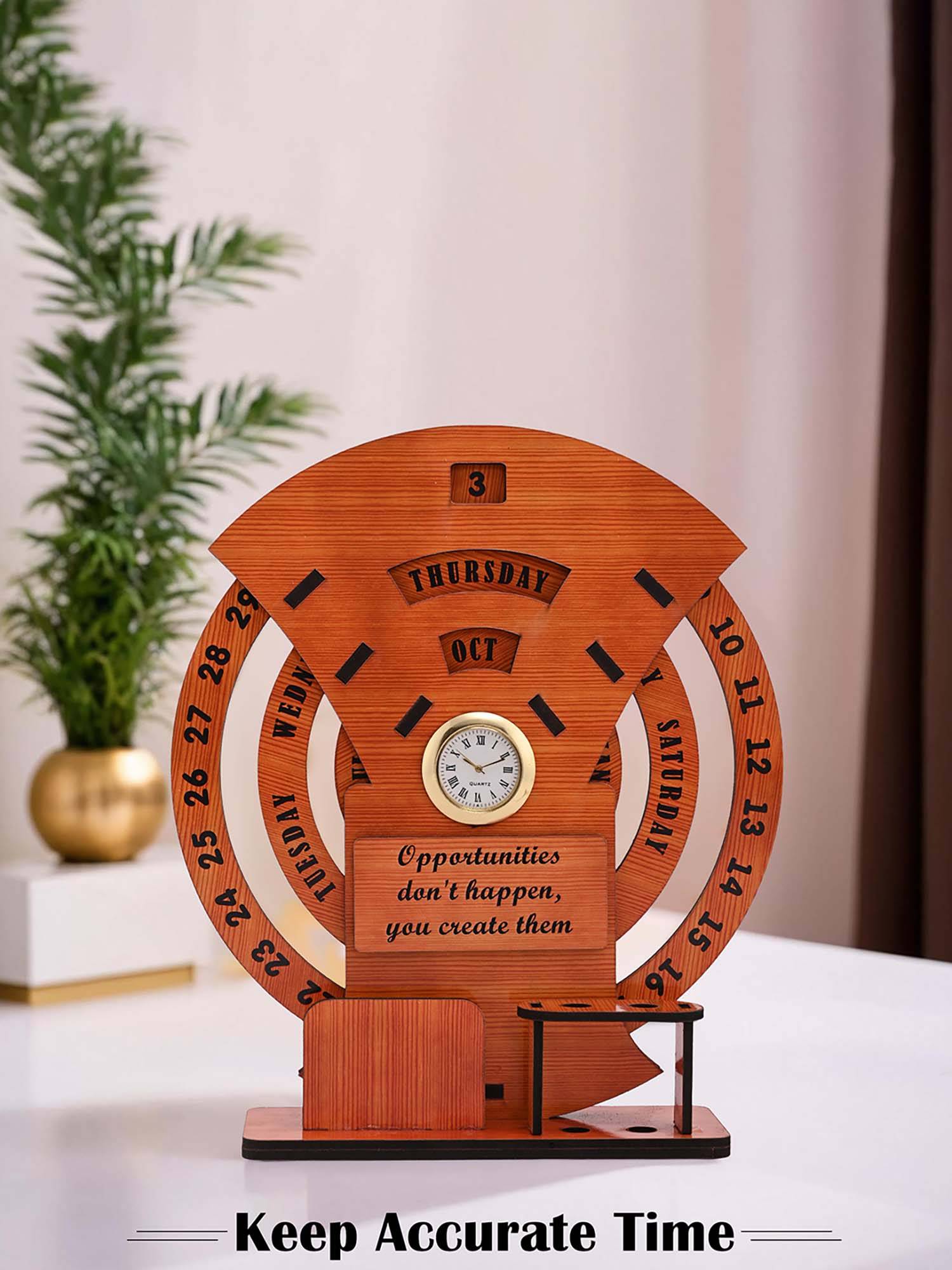 Buy Kuber Industries Brown MDF Wooden Rotating Aesthetic Table Clock Online