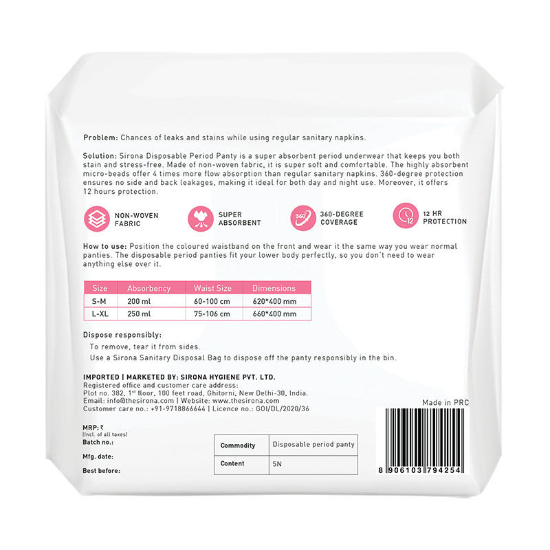 Sirona Disposable Period Panties for Women - Pack of 5 (S-M), 360 ...