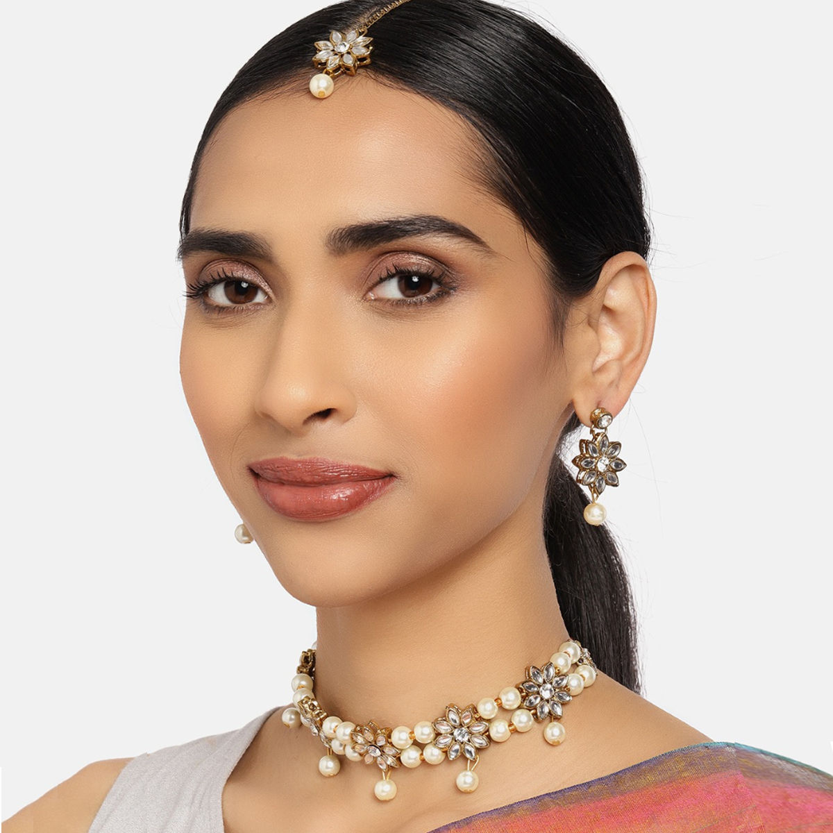 Buy Zaveri Pearls Gold Tone Kundan Flowers And Pearls Choker Necklace Set