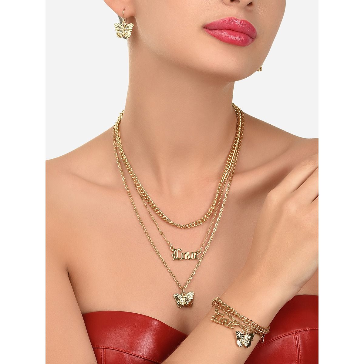 Buy Zaveri Pearls Gold Tone Love Butterfly Necklace Earring Bracelet Set Online