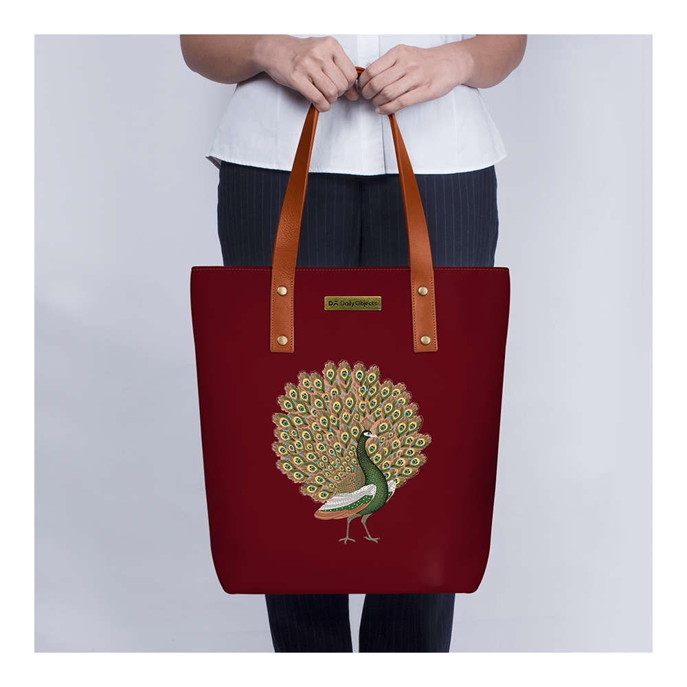 Buy DailyObjects Maroon Peacocking Classic Tote Bag Online