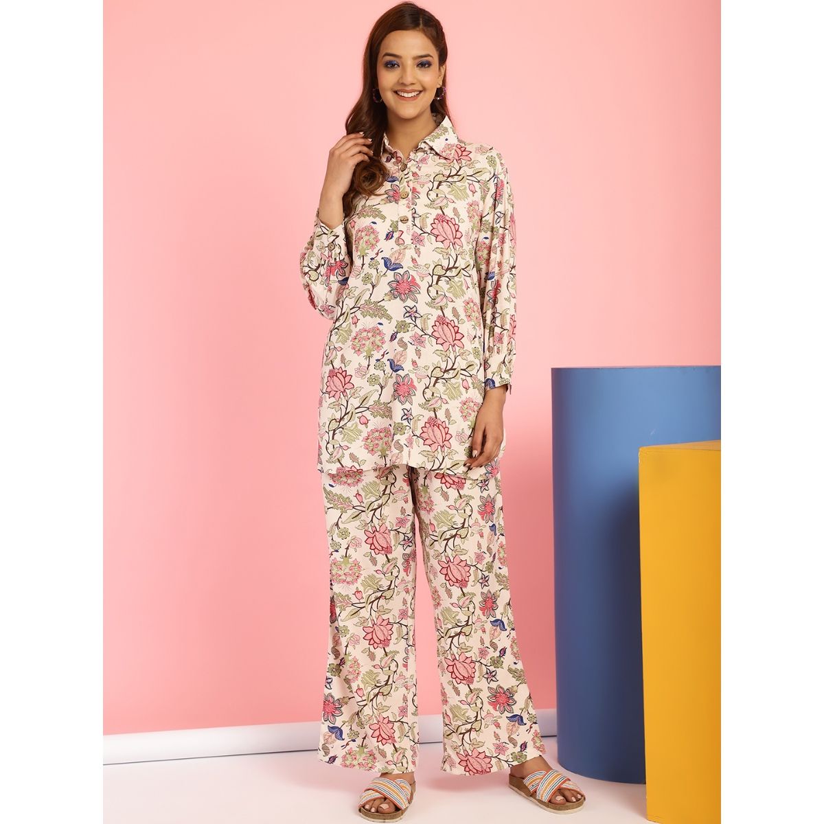 Buy Secret Wish Floral Print Rayon Peach Shirt & Pyjama (Set of 2) Online
