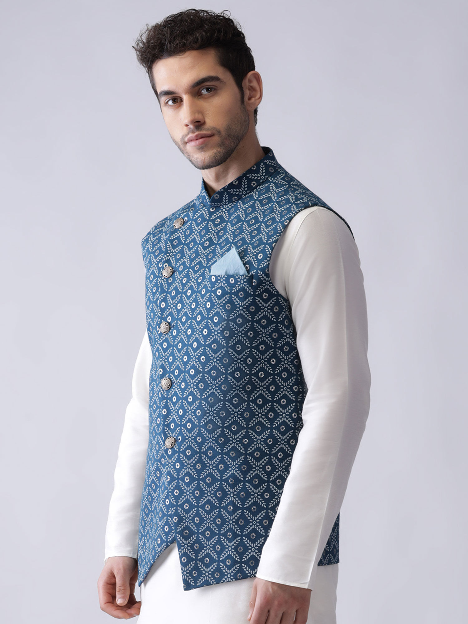 Buy KISAH Men Blue Asymmetrical, Printed Silk Blend Nehru Jacket with ...