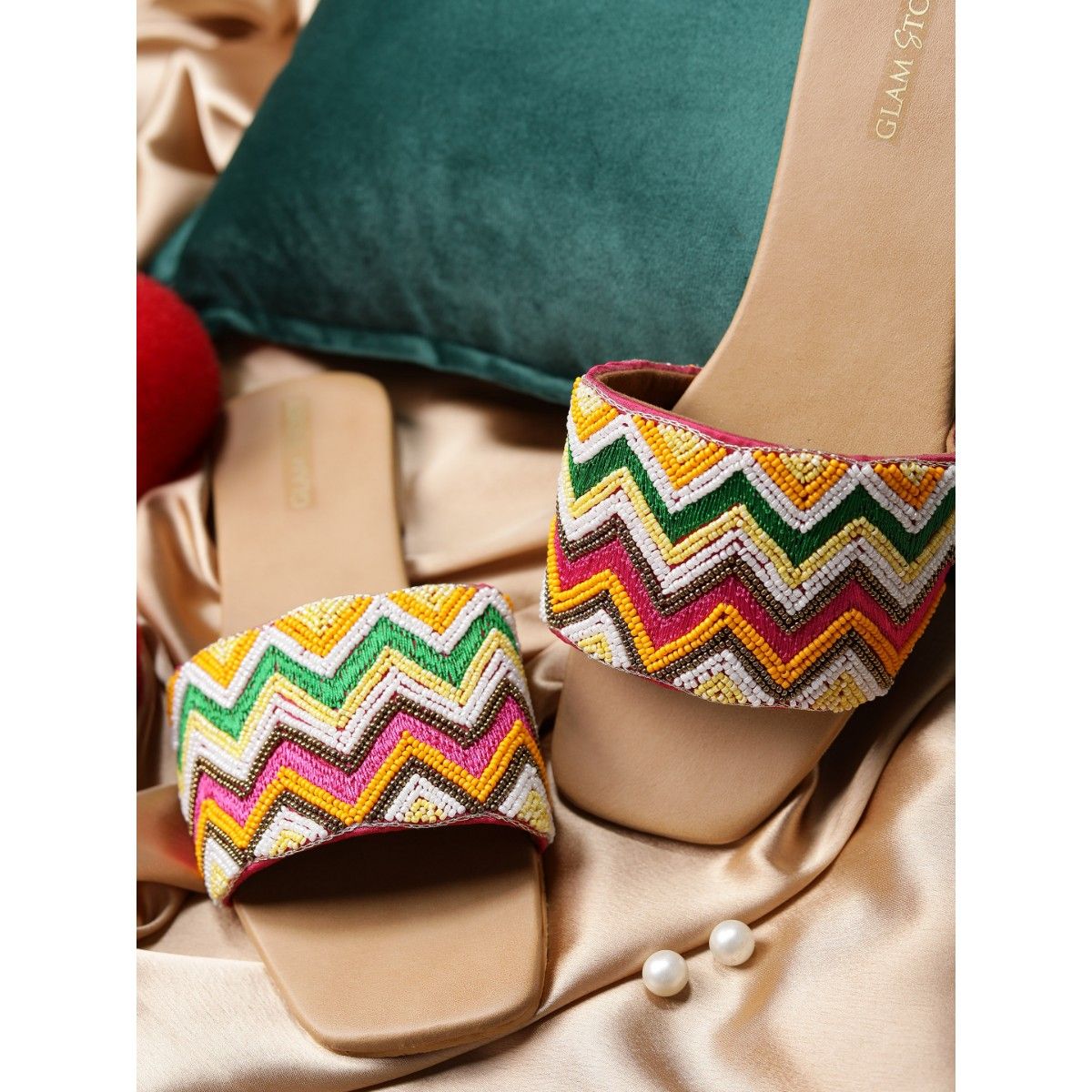 GLAM STORY Women Multi Coloured Small Moti Work Sliders: Buy GLAM STORY ...
