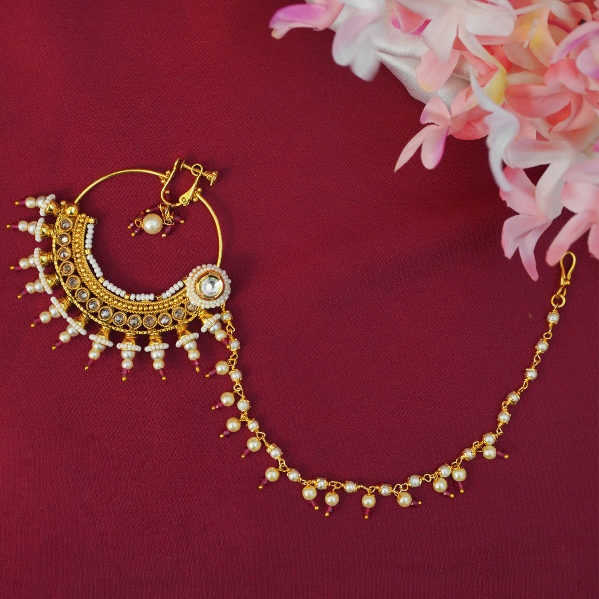Niscka Pink Bead & Pearl 18K Gold Plated Traditional Bridal Nath with ...