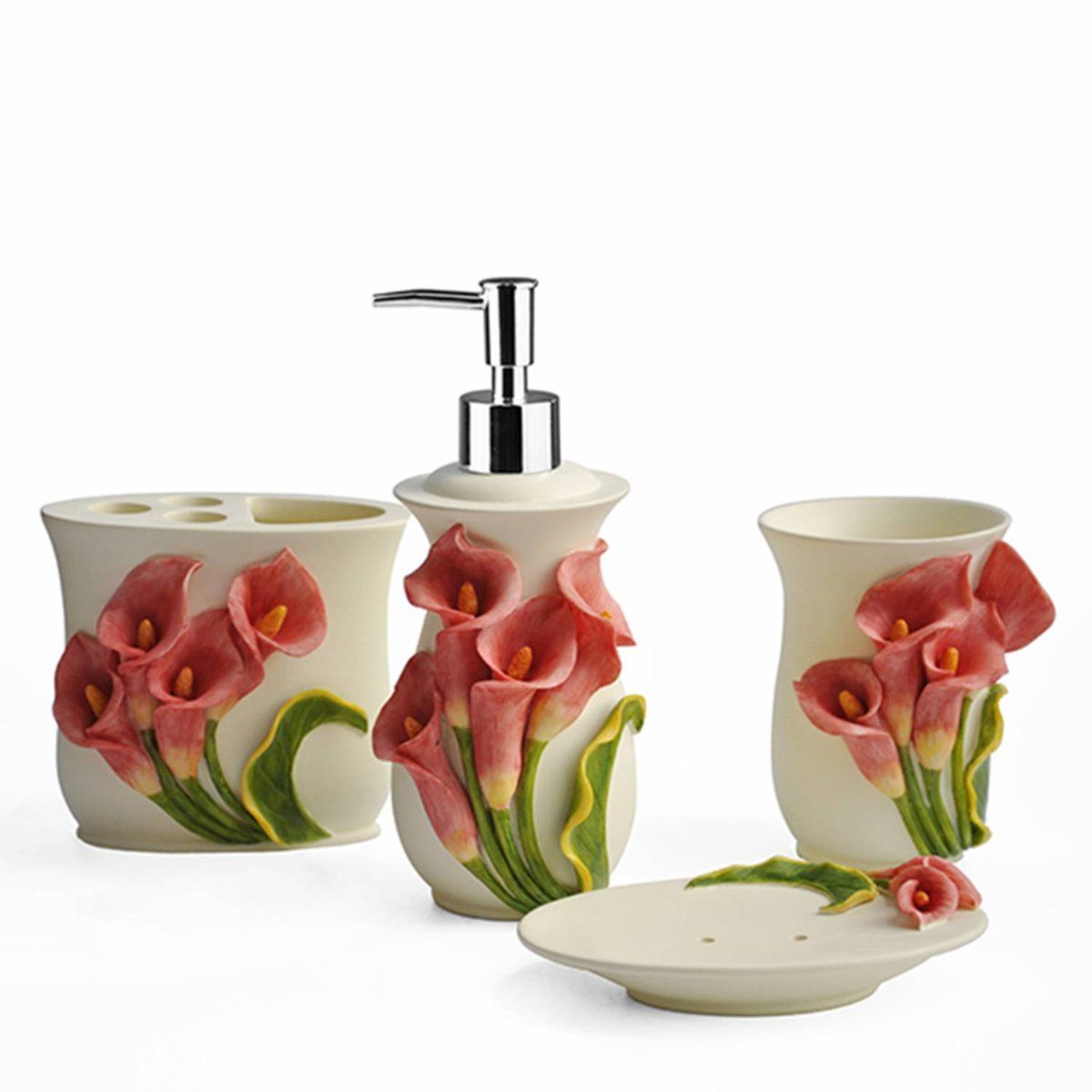 Shresmo Bathroom Set 4 Piece, Beige and Red Polyresin Bath Set ...