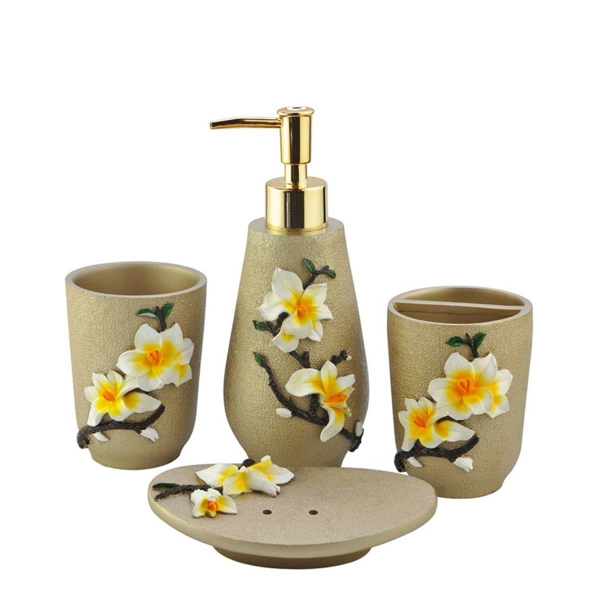 Buy Shresmo Bathroom Set 4 Piece, Beige Floral Polyresin Bath Set ...