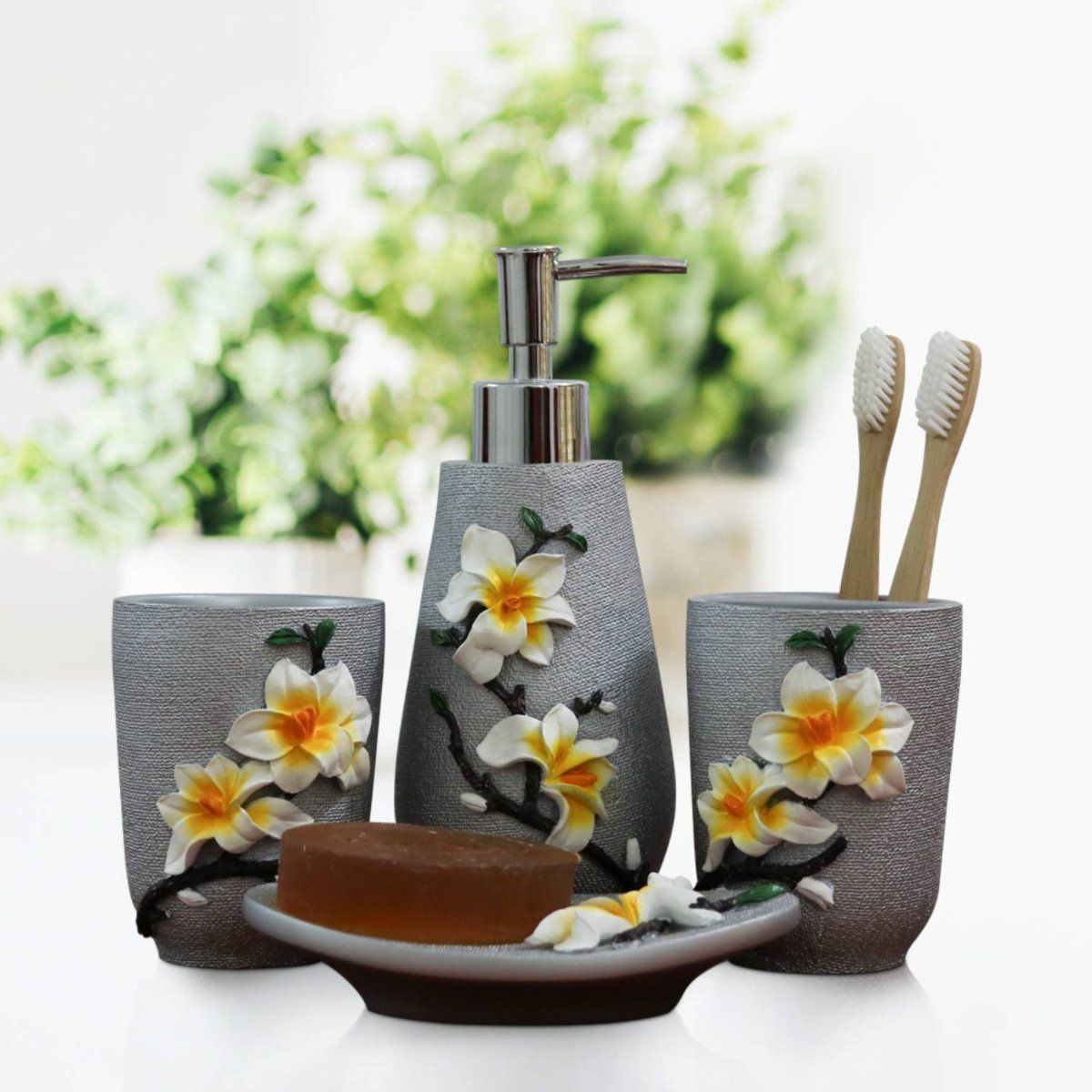 Buy Shresmo Bathroom Set 4 Piece, Silver Floral Polyresin Bath Set ...