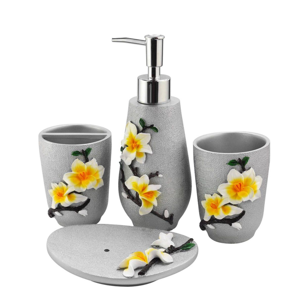 Buy Shresmo Bathroom Set 4 Piece, Silver Floral Polyresin Bath Set ...