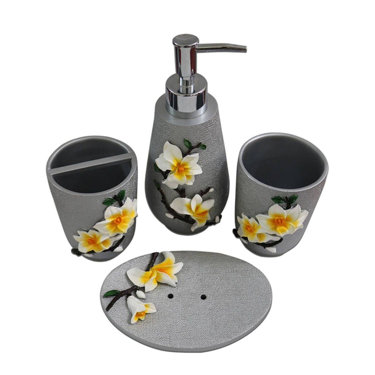Buy Shresmo Bathroom Set 4 Piece, Silver Floral Polyresin Bath Set ...