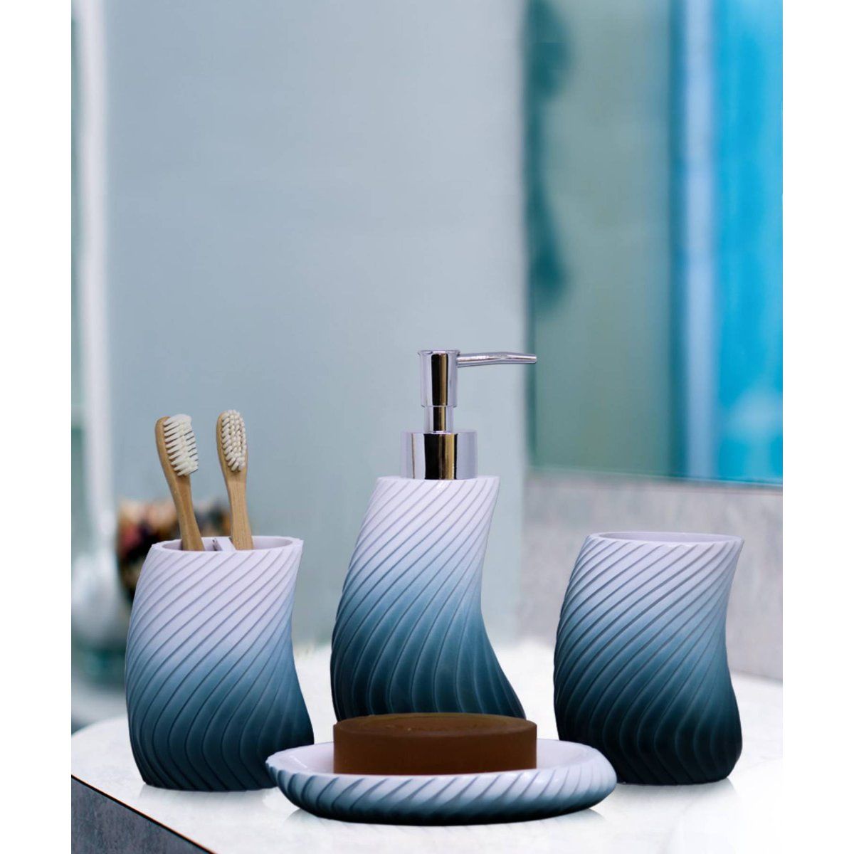 Buy Shresmo Bathroom Set 4 Piece, Blue Polyresin Bath Set Collection Online