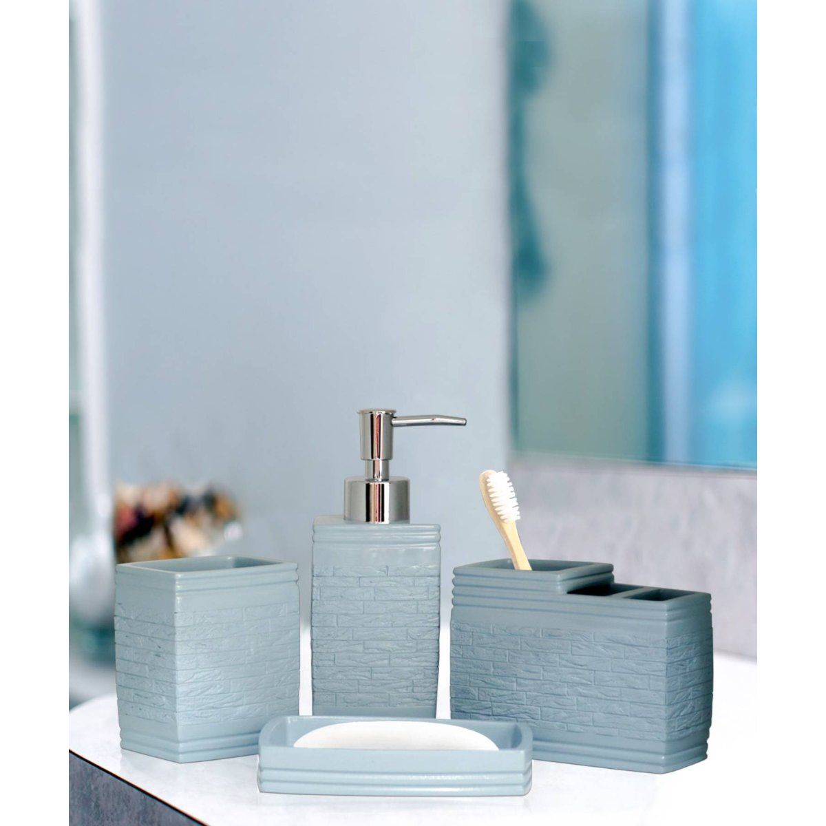 Shresmo Bathroom Set 4 Piece, Blue Polyresin Bath Set Collection: Buy ...