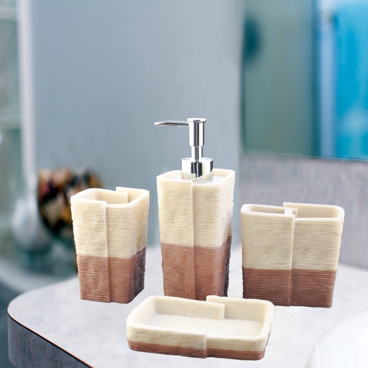 Buy Shresmo Bathroom Set 4 Piece, Brown Stone Polyresin Bath Set ...