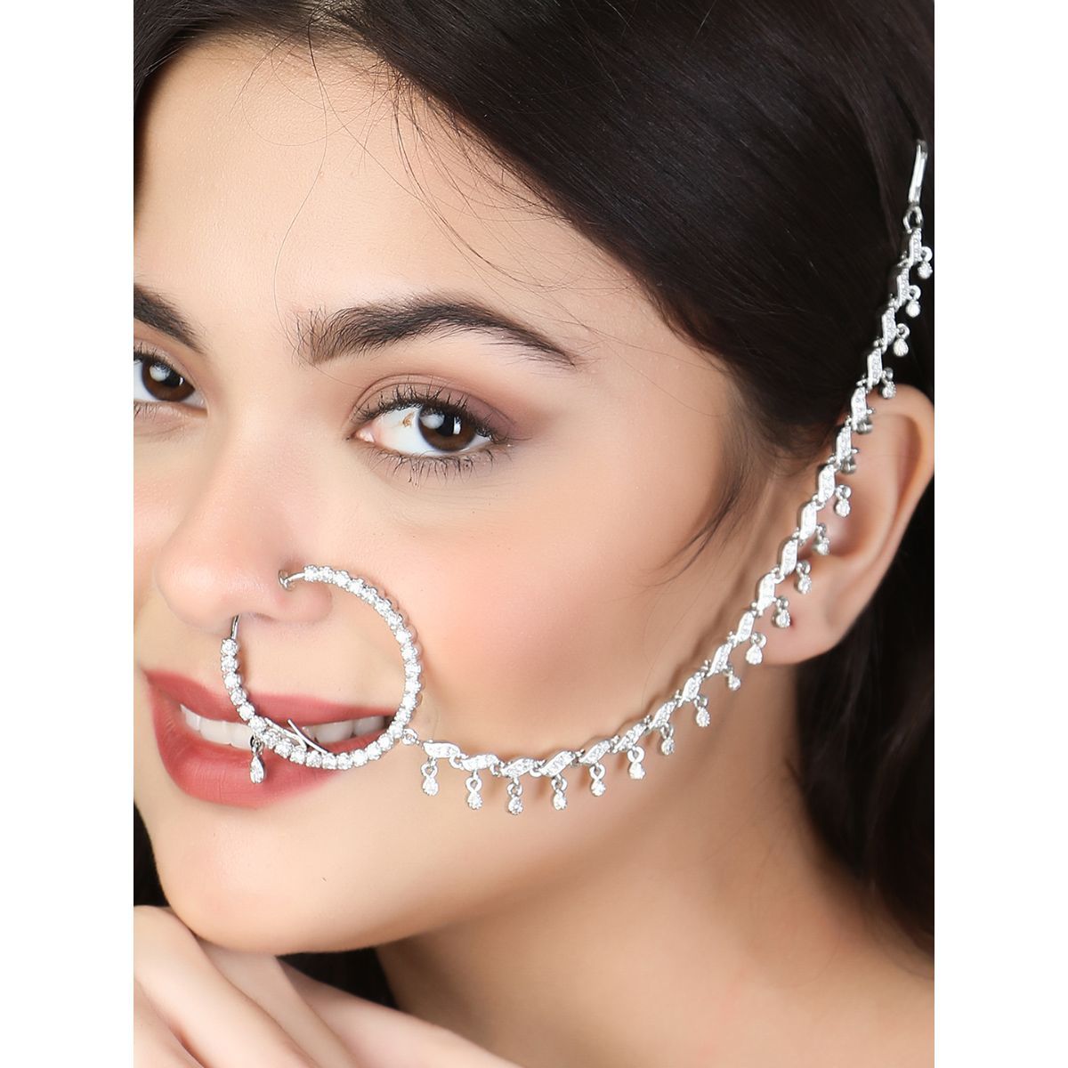 Buy Adwitiya Rhodium Plated American Diamond Nath with Chain Nose Ring ...