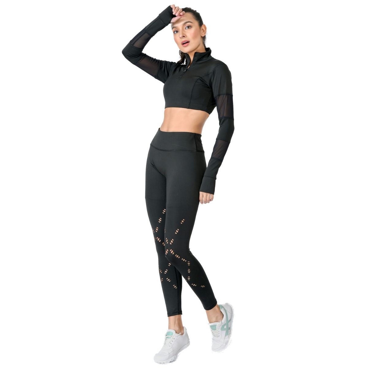 Buy Body Smith Active Mesh Black Zipper Crop Top + Tights Combo Black (Set of 2) Online