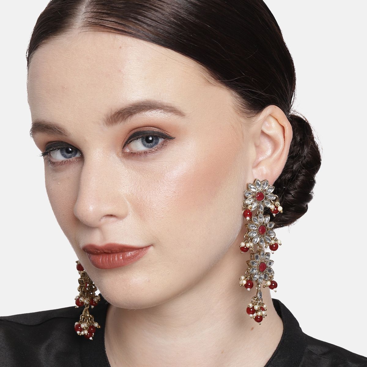 Peora Gold Plated Stunning Antique Finish Kundan & Maroon Pearl Drop ...
