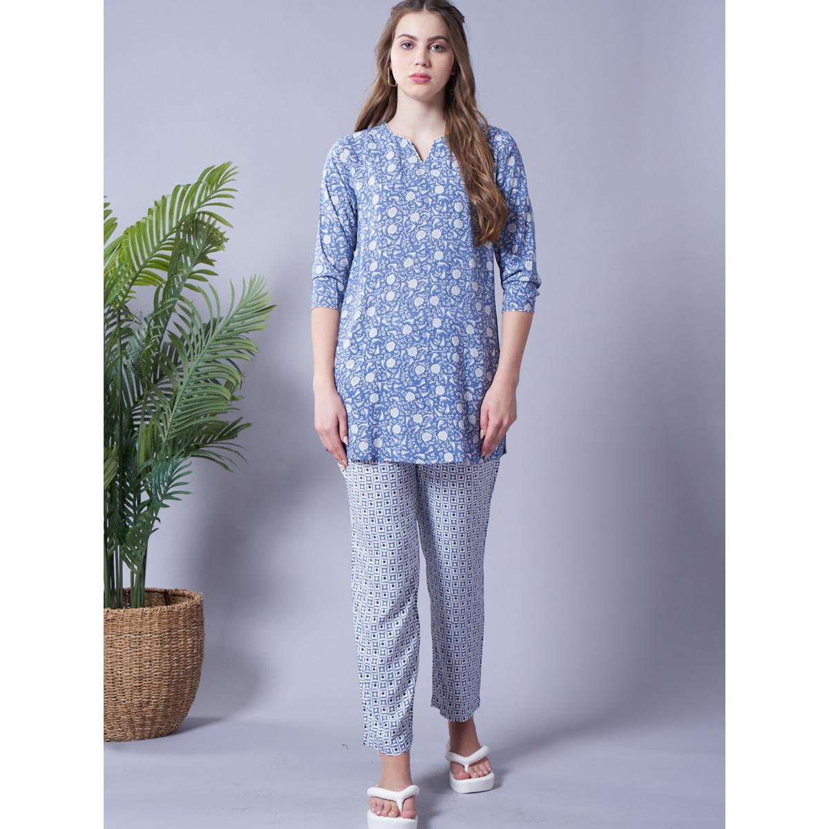 July Nightwear Women Blue Long Top and Pyjama Set of 2 S