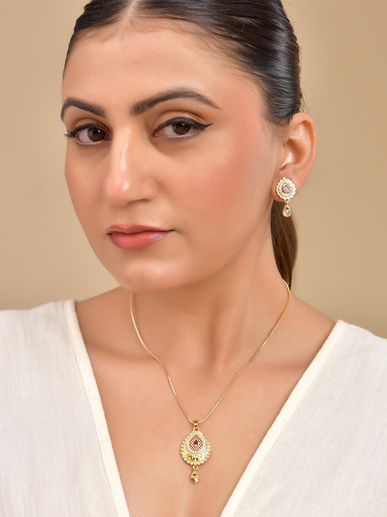 Buy VOJ Gold Plated Tear Drop Shaped Jewellery Set Online