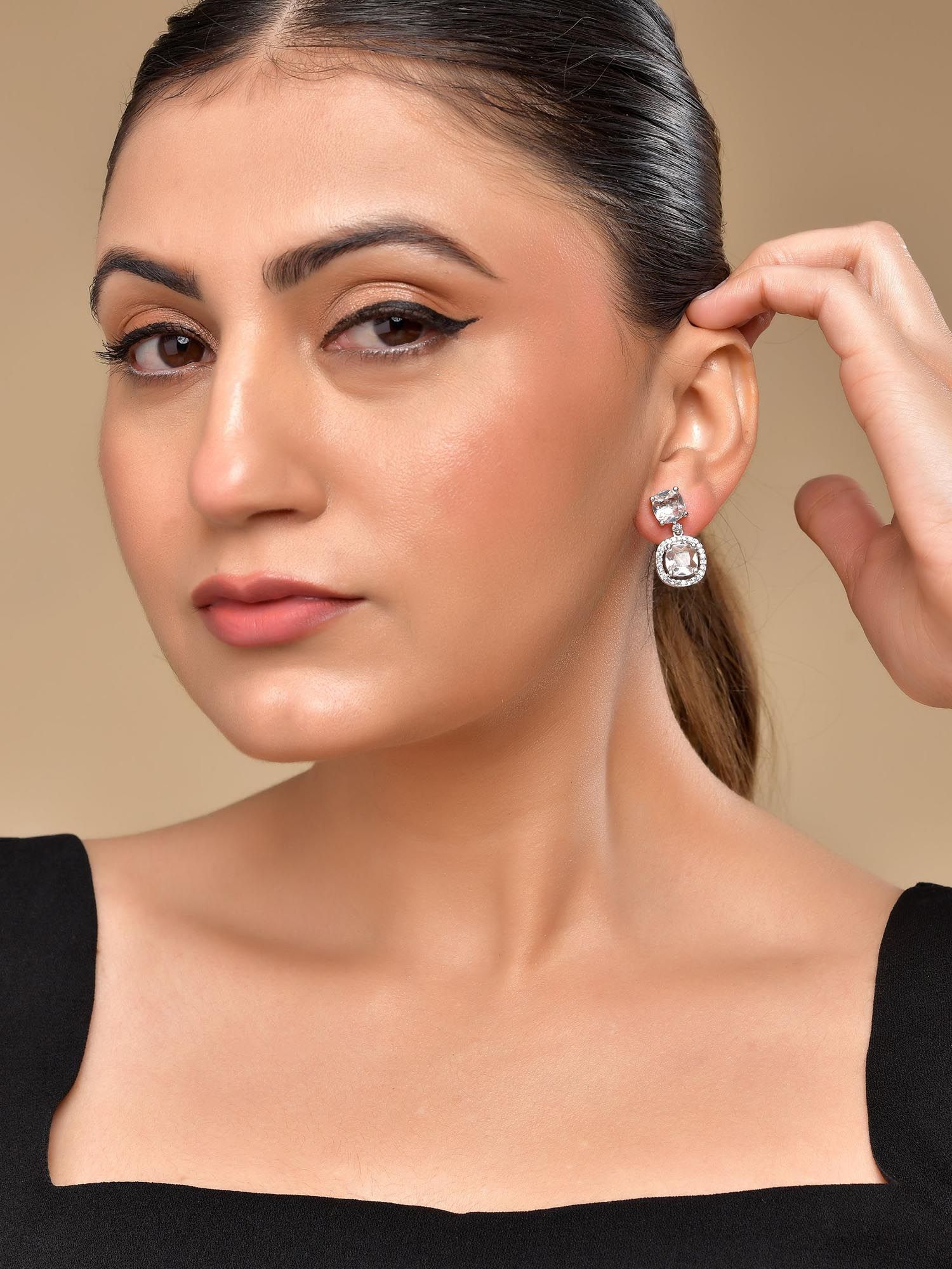 Buy VOJ Silver Plated White Stone Geometrical Shaped Earrings Online