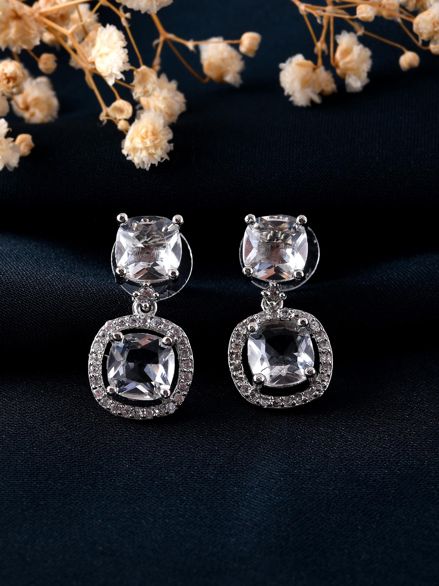 Buy VOJ Silver Plated White Stone Geometrical Shaped Earrings Online