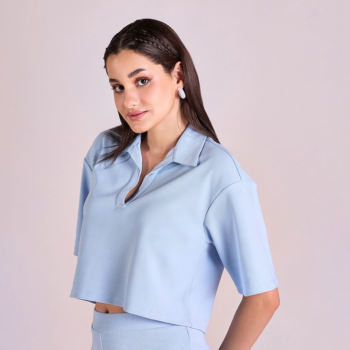 MIXT by Nykaa Fashion Baby Blue Textured Collared Crop Top: Buy MIXT by ...