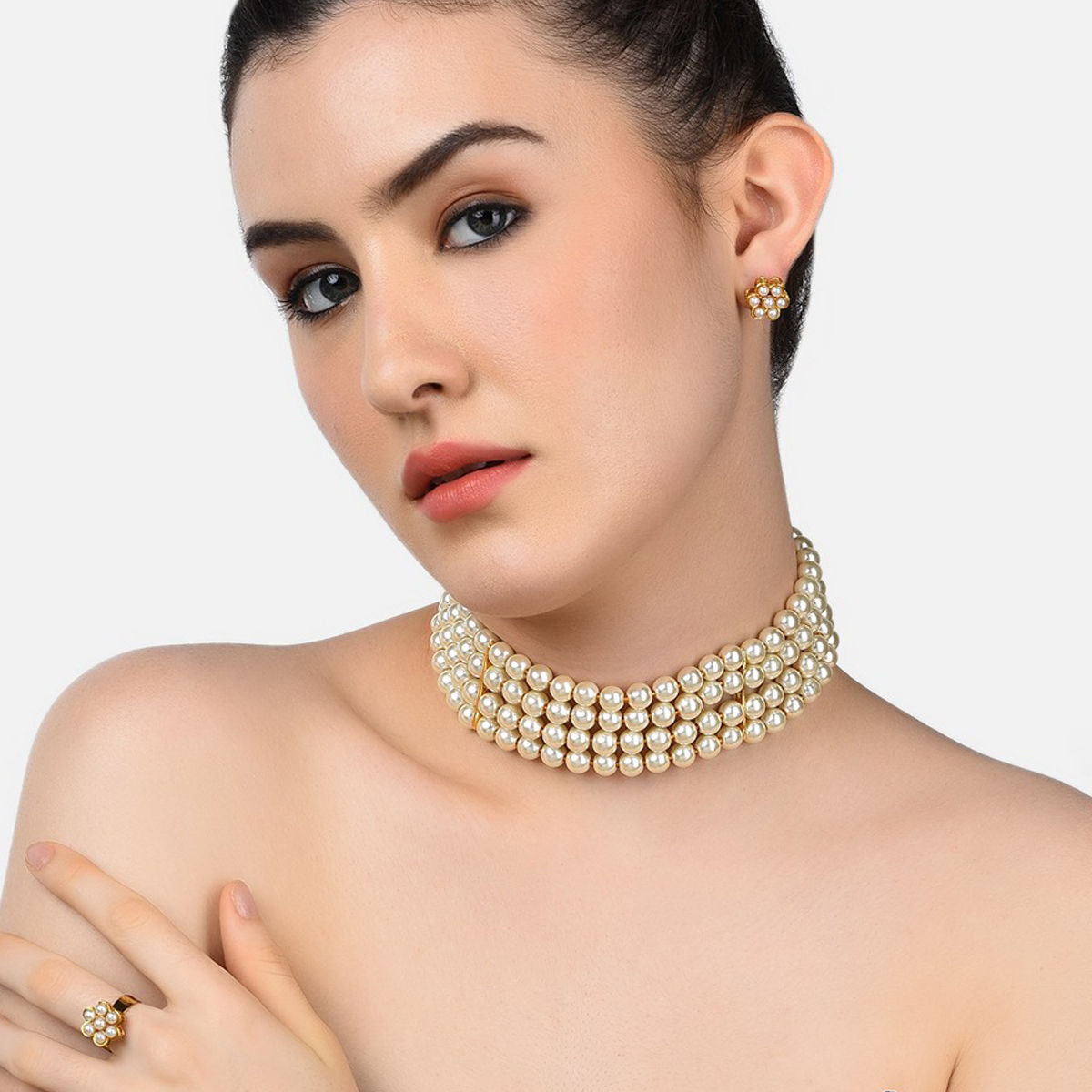 Zaveri Pearls Gold Tone Multi Strand Pearls Choker Necklace Earring