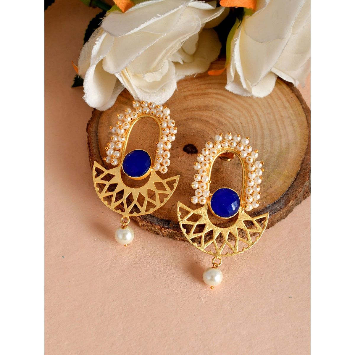 Buy Silvermerc Designs Gold Plated Pearl Ocean Blue Earrings Online
