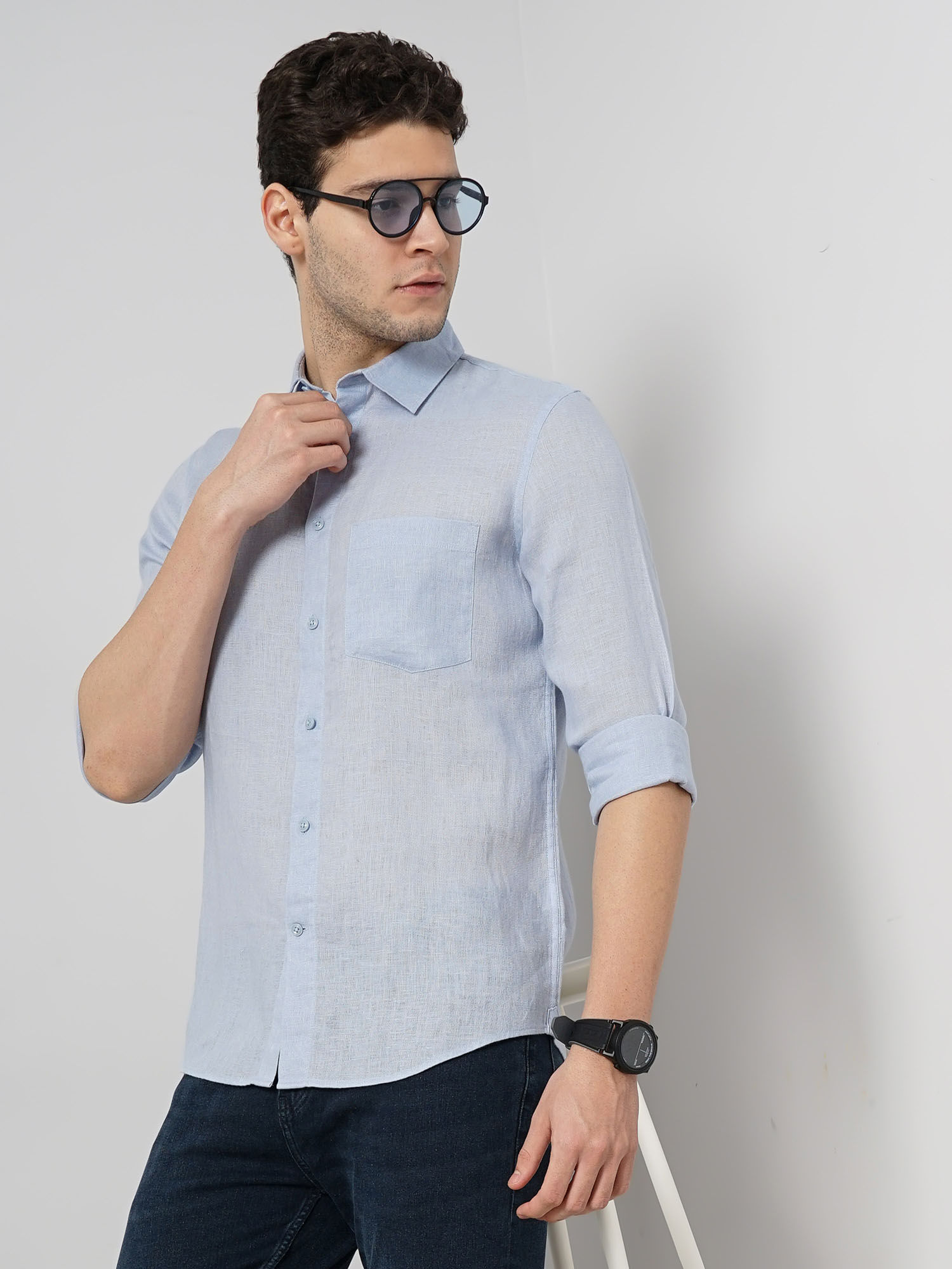 Buy CELIO Men Blue Solid Regular Fit Linen Casual Shirt Online