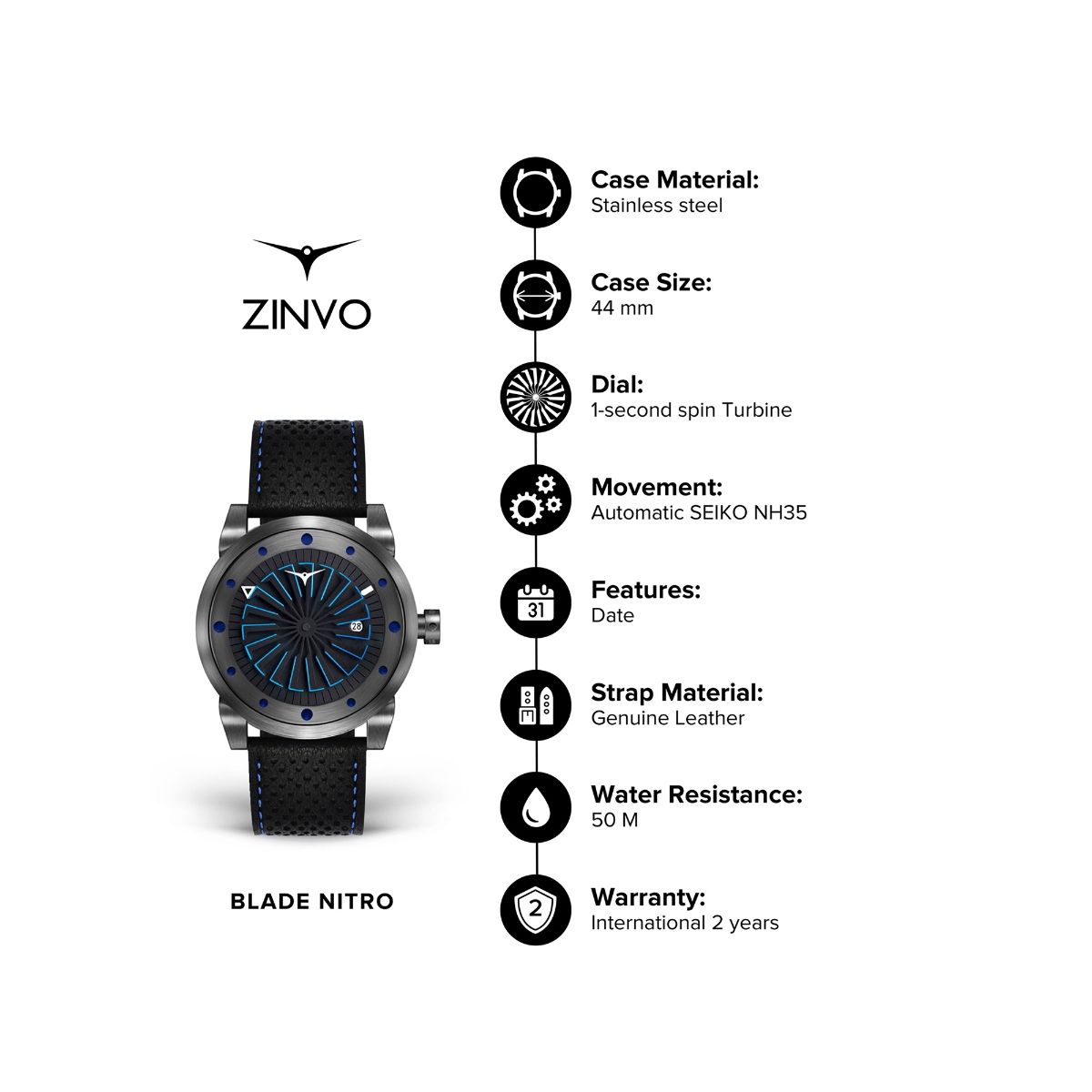 Buy ZINVO Blade Nitro Analogue Black Turbine Round Dial Men Watch 141 ...