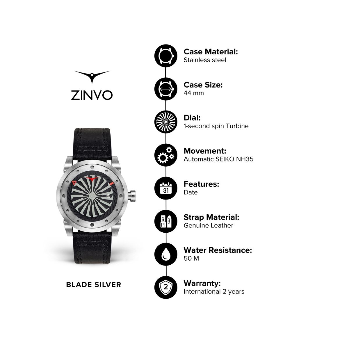 Buy ZINVO Blade Silver Analogue Black Turbine Round Dial Men Watch 215 ...