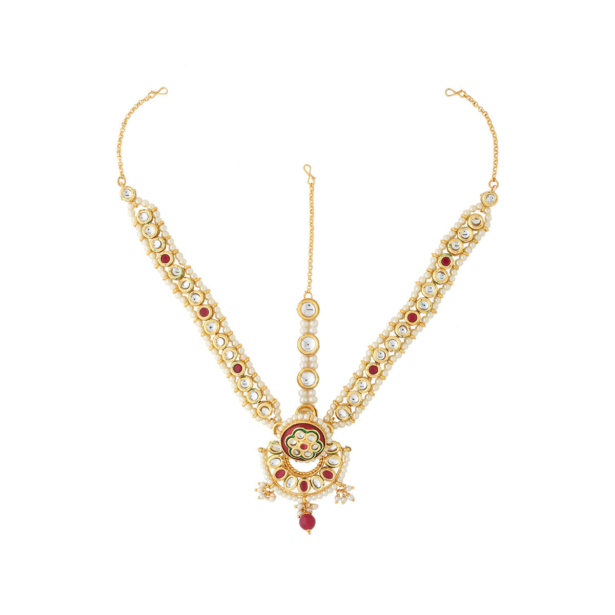 VIRAASI Ethnic Traditional Red Gold Kundan & Pearl Bridal Mathapatti ...