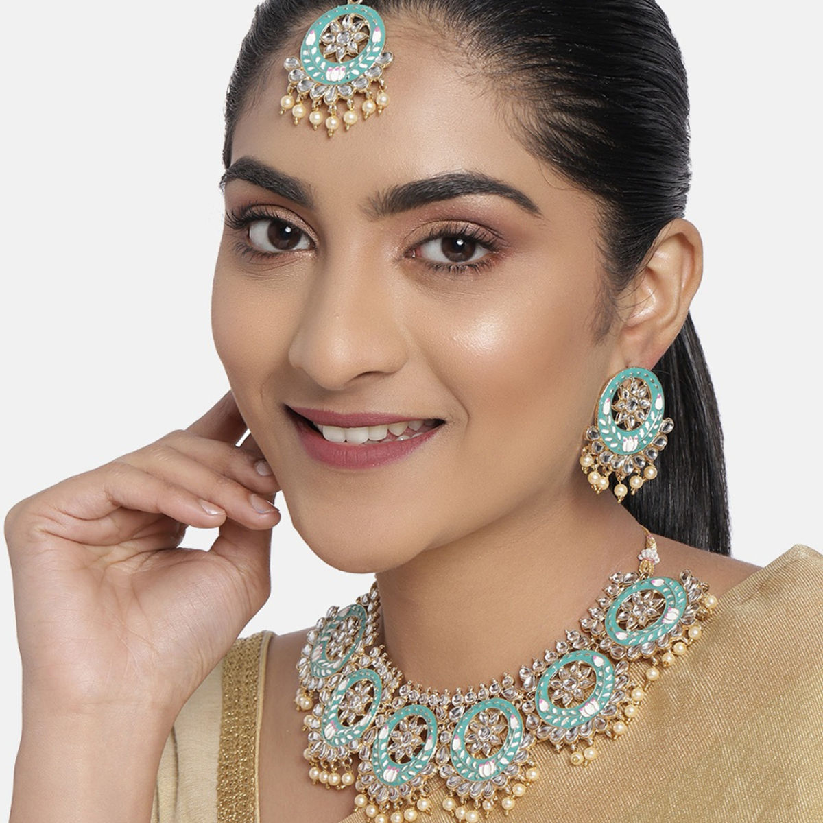 Buy Zaveri Pearls Pastel Green & Pink Meenakari Lotus Design Kundan ...