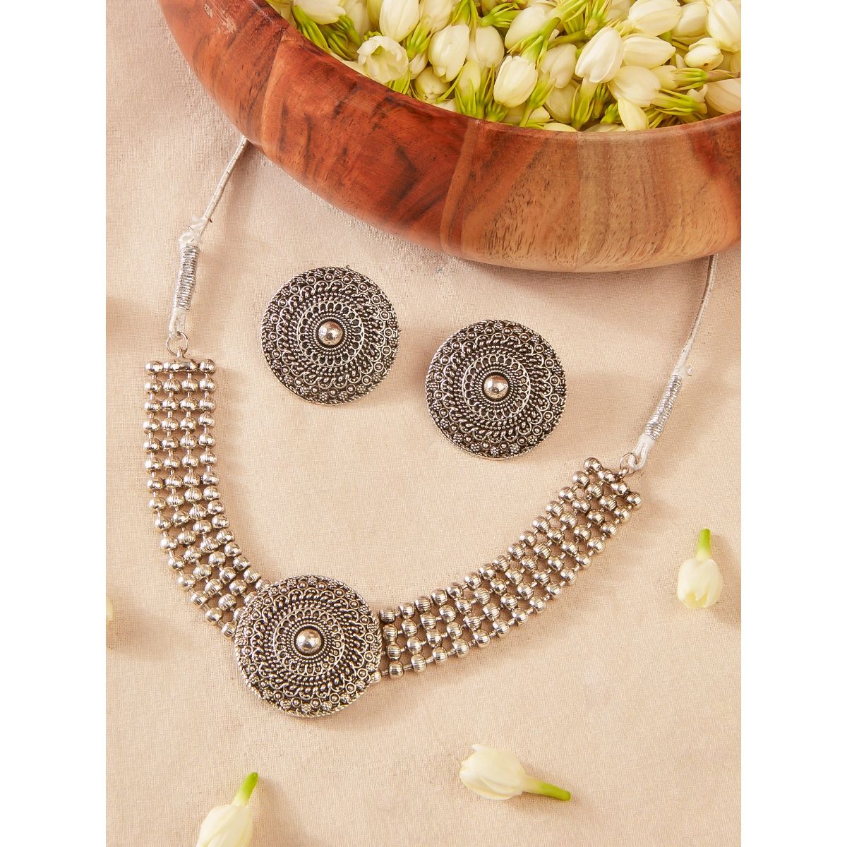 Buy Azai by Nykaa Fashion Oxidized Silver Flower Motif Ethnic Jewellery ...
