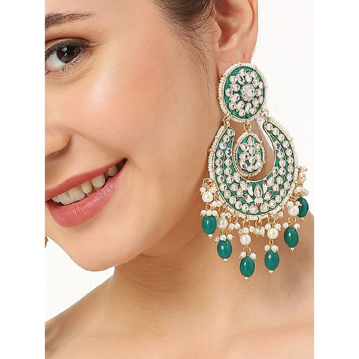 Buy OOMPH Green Meenakari Kundan & Pearls Ethnic Floral Large Chandbali ...