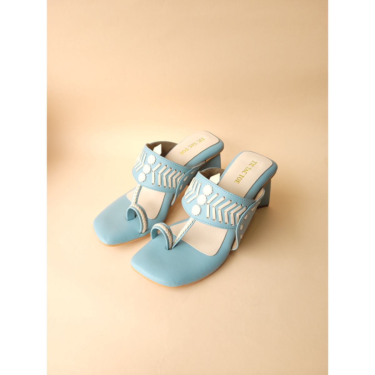 Tic Tac Toe Blue Kolhapuri Triangle Block Heels: Buy Tic Tac Toe Blue ...