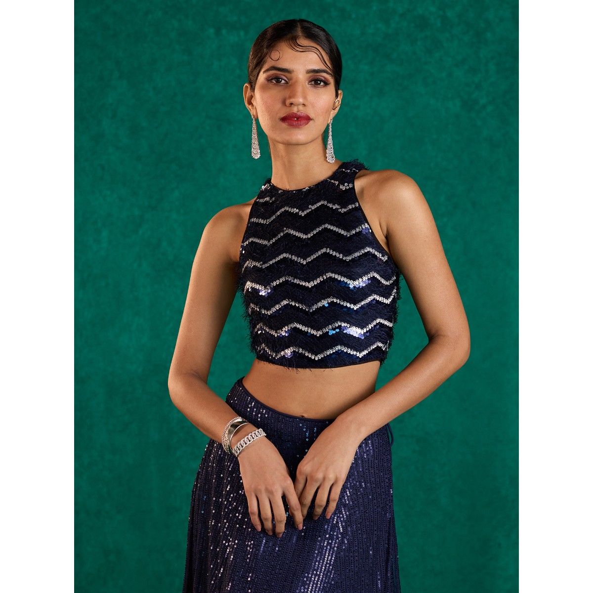 Buy Gajra Gang Glitterati Navy Blue Sequin and Fur Embellished Crop Top ...