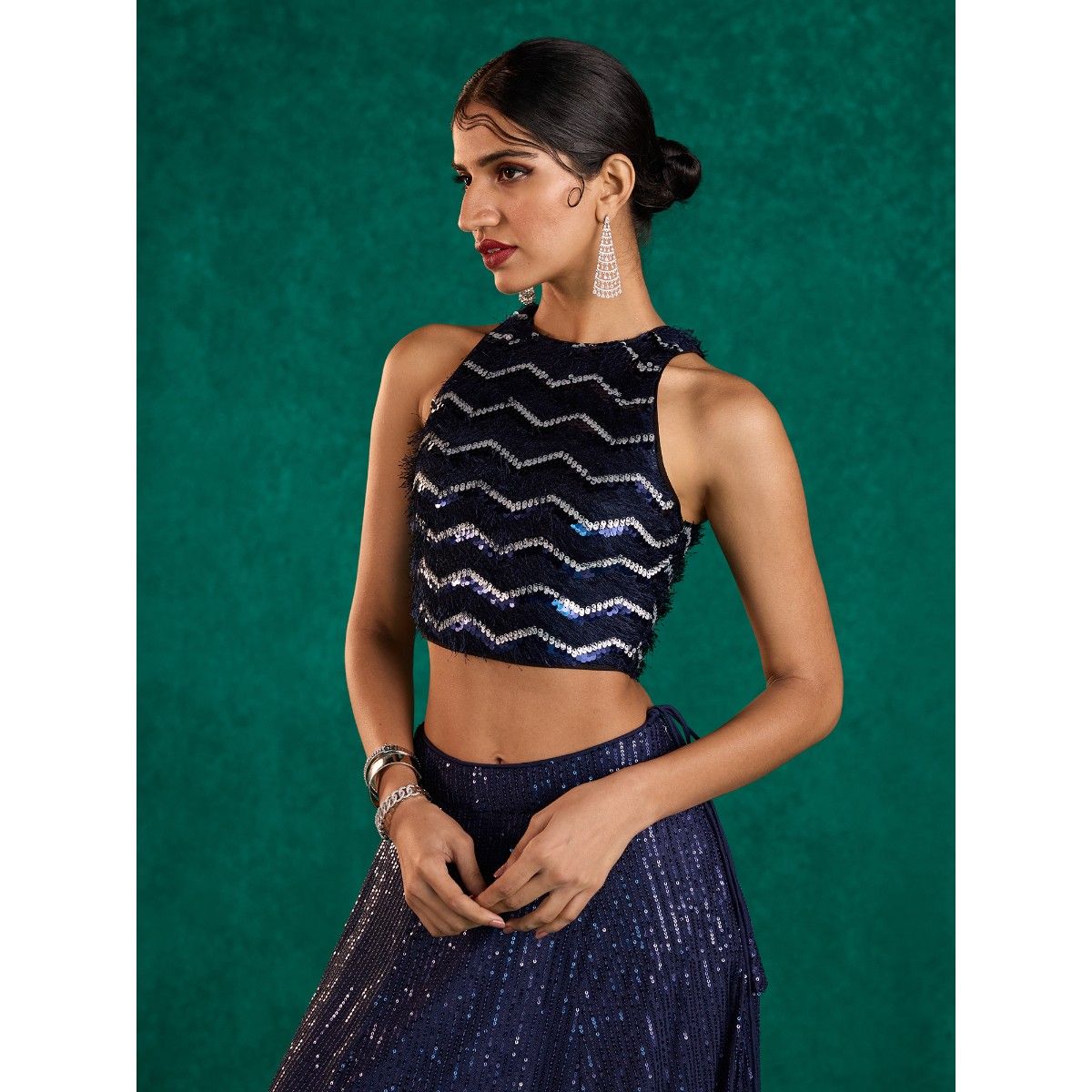 Buy Gajra Gang Glitterati Navy Blue Sequin and Fur Embellished Crop Top ...