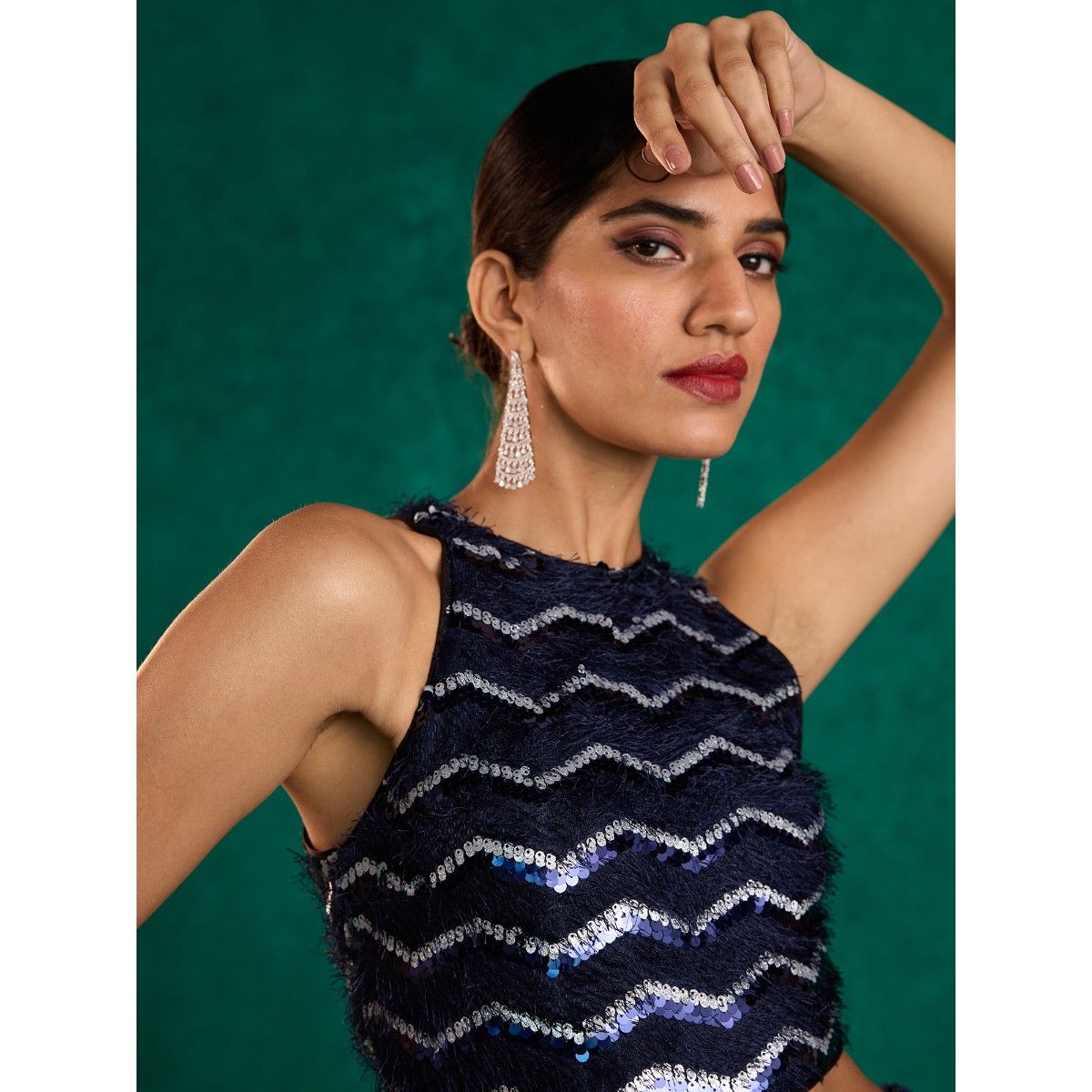 Buy Gajra Gang Glitterati Navy Blue Sequin and Fur Embellished Crop Top ...