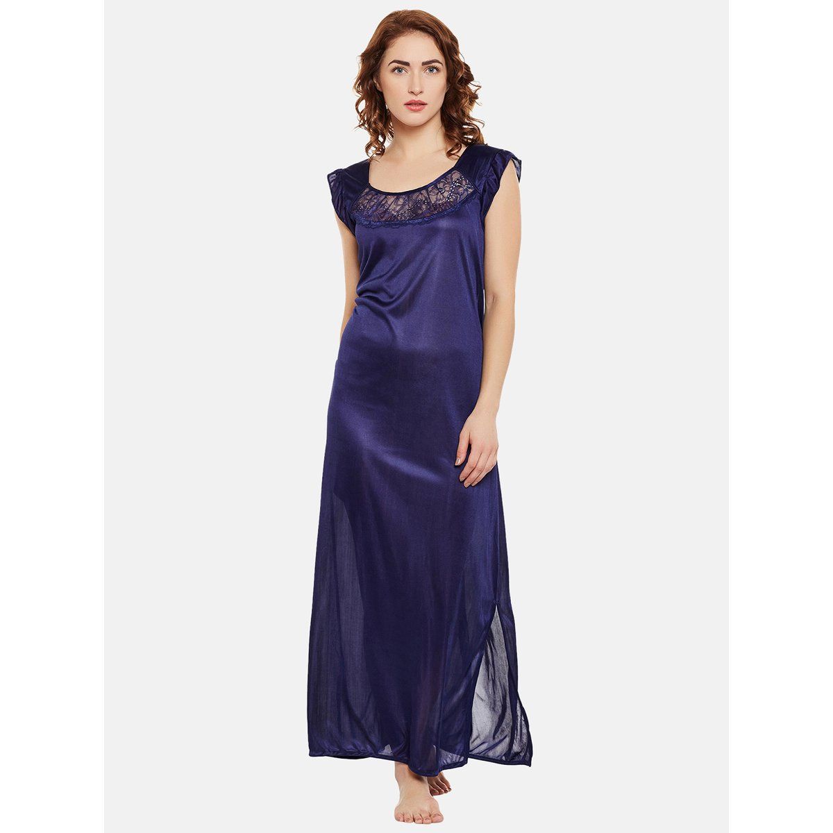 Buy Clovia Long Night Dress & Robe In Navy Blue Satin (Set of 2) Online