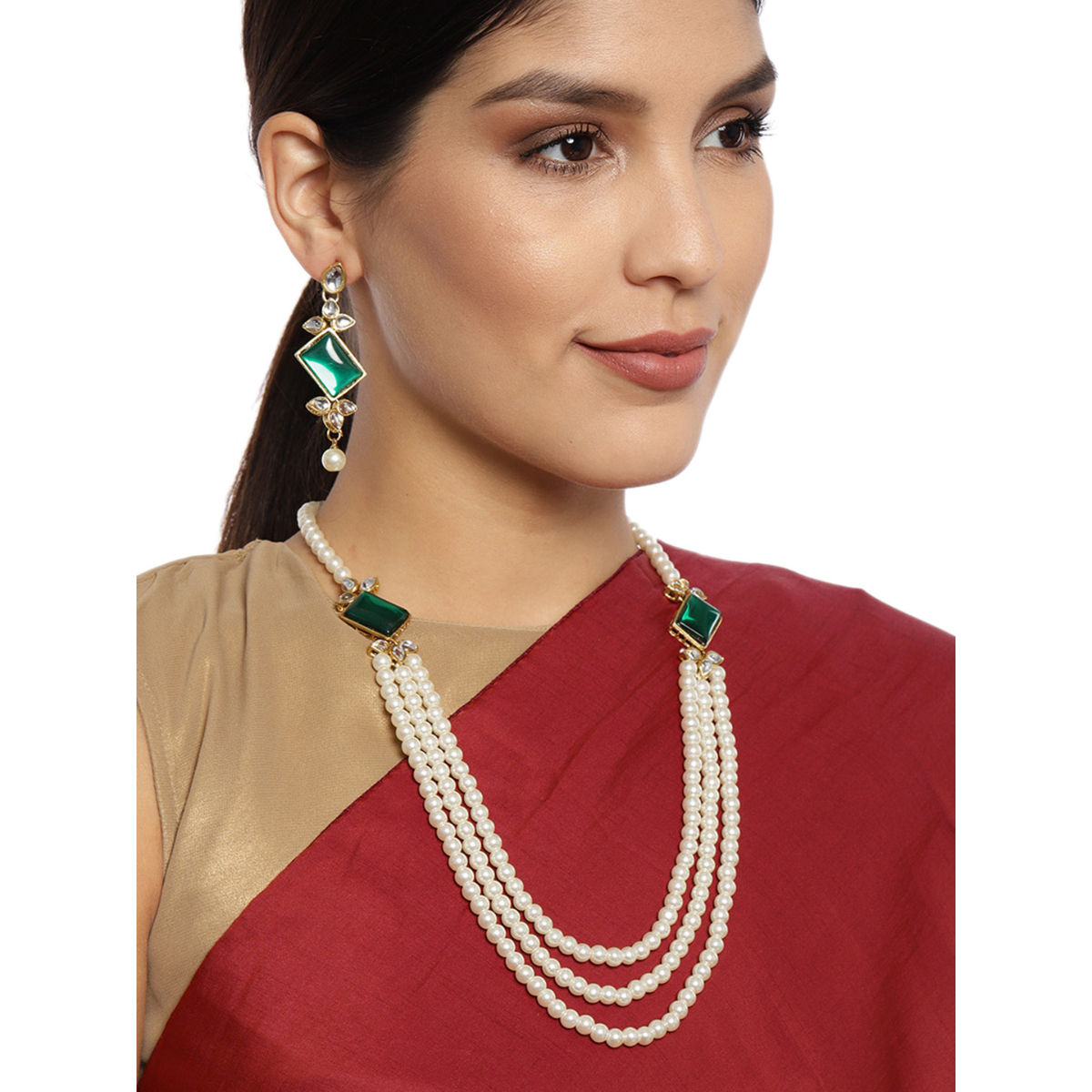 Zaveri Pearls Green Stones & Multi Layered Pearls Festive Necklace ...