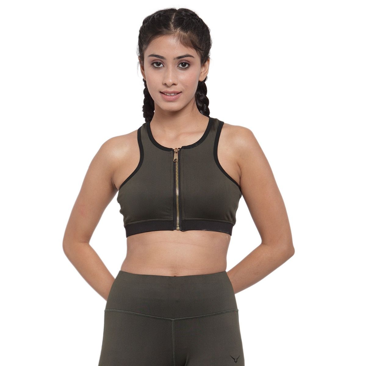 Buy INVINCIBLE Olive Green Womens Front Zip Sports Bra Online