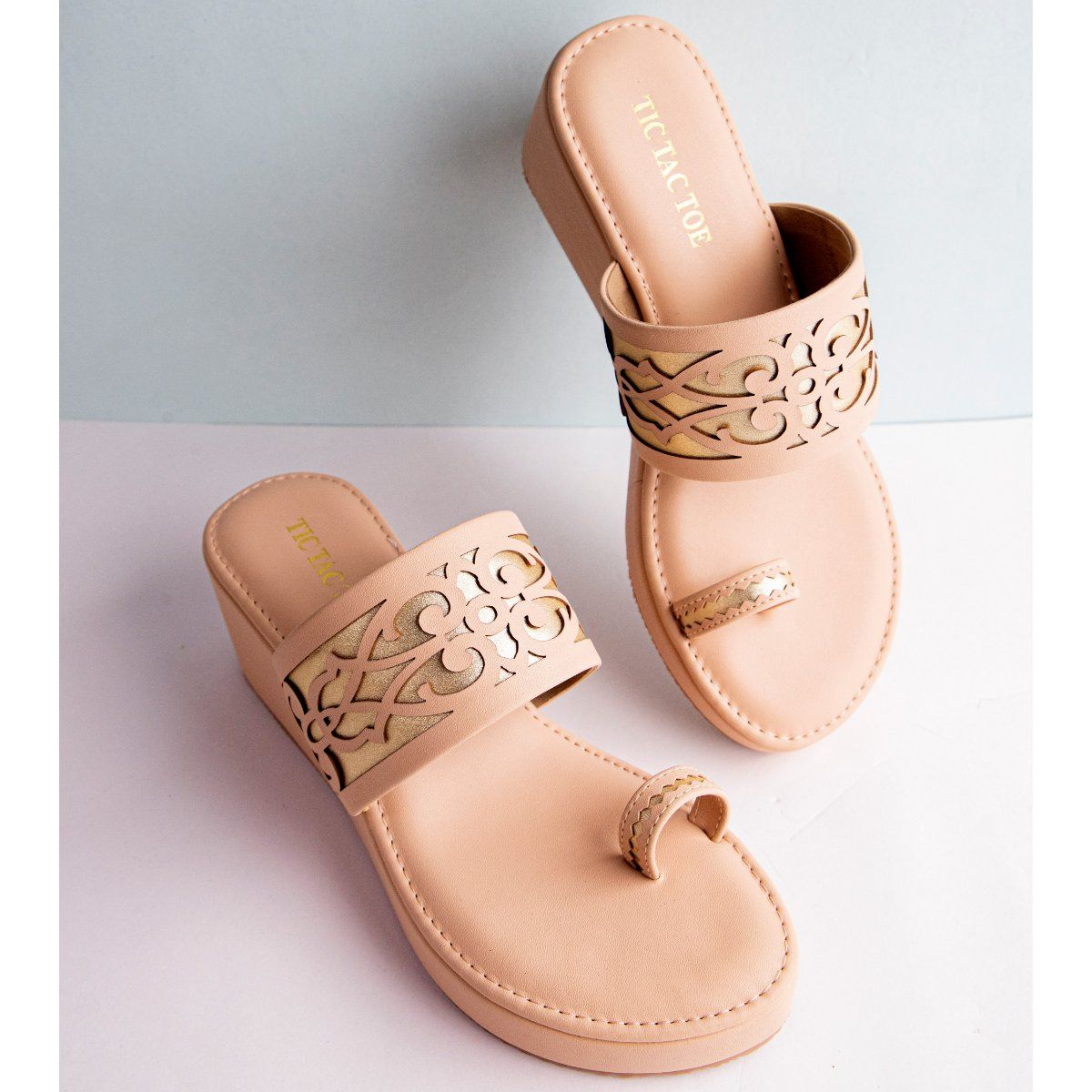 Buy Tic Tac Toe Nude Laser Cut Angootha Wedge Online