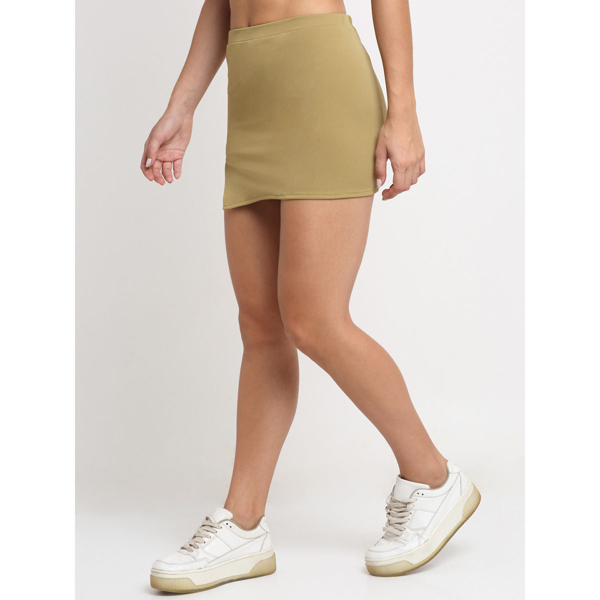 Buy EVERDION Khaki High-rise Mini Side Slit Skirt Online